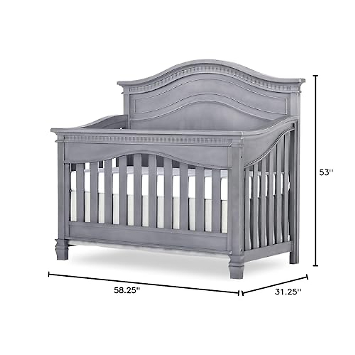 Evolur Cheyenne 5 in 1 Full Panel Convertible Crib in Storm Grey, JPMA & Greenguard Gold Certified, Crafted Out of kiln-Dried Hardwood, Features a high-Arch headboard & 3 Mattress Height Settings