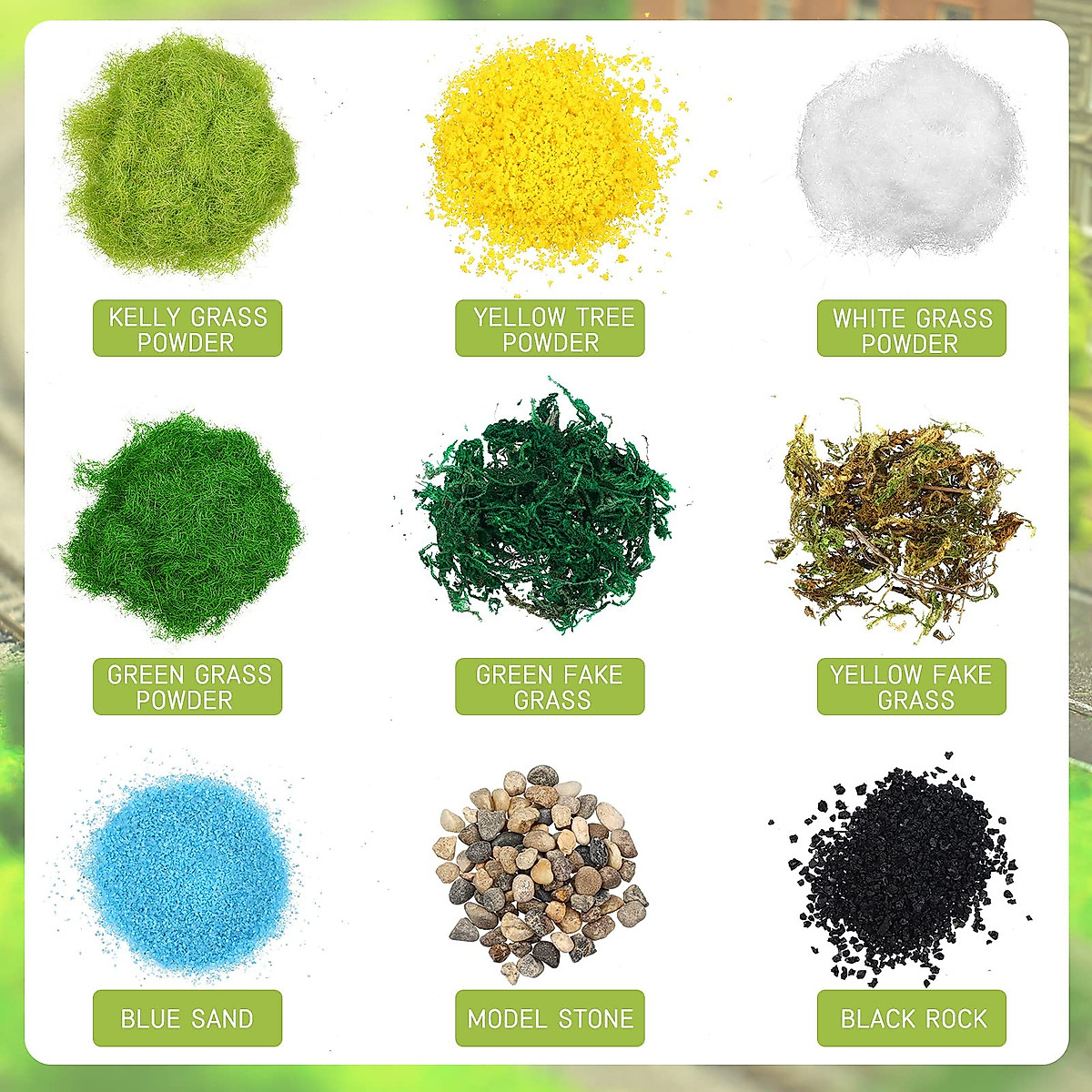 Nuanchu 9 Pack Scenery Basing Material Kit for Miniatures Model Stone, Grass Cashmere Powder, Dry Grass Mixed Model Grass Powder Green Micro Landscape Building Miniatures Fake Grass Fairy Garden