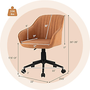 Giantex Leather Office Chair Brown, Mid Century Desk Chair with Wheels and Ergonomic Armrests, Adjustable Swivel Rolling Task Chair, Upholstered Leisure Arm Chair for Home Office Study Bedroom (1)