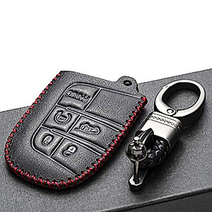 Vitodeco Genuine Leather Smart Key Keyless Remote Entry Fob Case Cover with Key Chain for JEEP, Dodge, Chrysler (5 Buttons, Black/Red)
