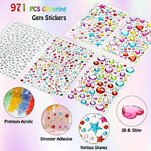 971 pcs Gem Stickers, Star Heart Round Small Stickers for Kids Adults, Glitter Cute Stickers for Crafts, Face Eye Body Makeup, DIY Decoration, Kids Reward, Sparkling Acrylic Rhinestones Jewel Stickers