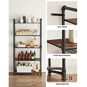 VASAGLE Bathroom Shelves, 5-Tier Storage Rack, Plant Flower Stand, 24.4 x 12.2 x 51 Inches, for Living Room, Balcony, Kitchen, 12.2”D x 24.4”W x 51”H, Rustic Brown + Black