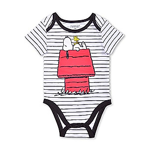 Peanuts Snoopy Boys’ 4 Pack Short Sleeve Bodysuit for Newborn and Infant – Red/White/Blue/Grey