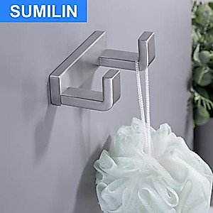 Brushed Nickel Bath Double Towel Hook, SUMILIN 304 Stainless Steel Heavy Duty Double Coat Hook for Bathroom Livingroom Kitchen Wall Mounted