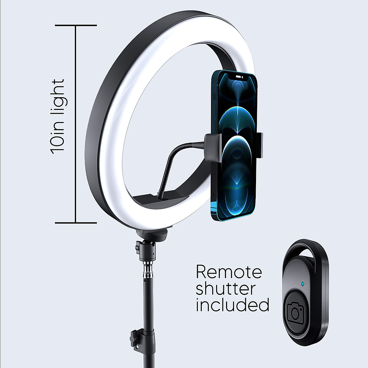 TALK WORKS 10" Selfie Ring Light Compatible w/iPhone 14/Plus/Pro/Max, 13/Mini/Pro/Max, 12/Mini/Pro/Max - Halo LED Circle Phone Holder Tripod Stand for Tiktok, Live Stream, Video Recording (Black)