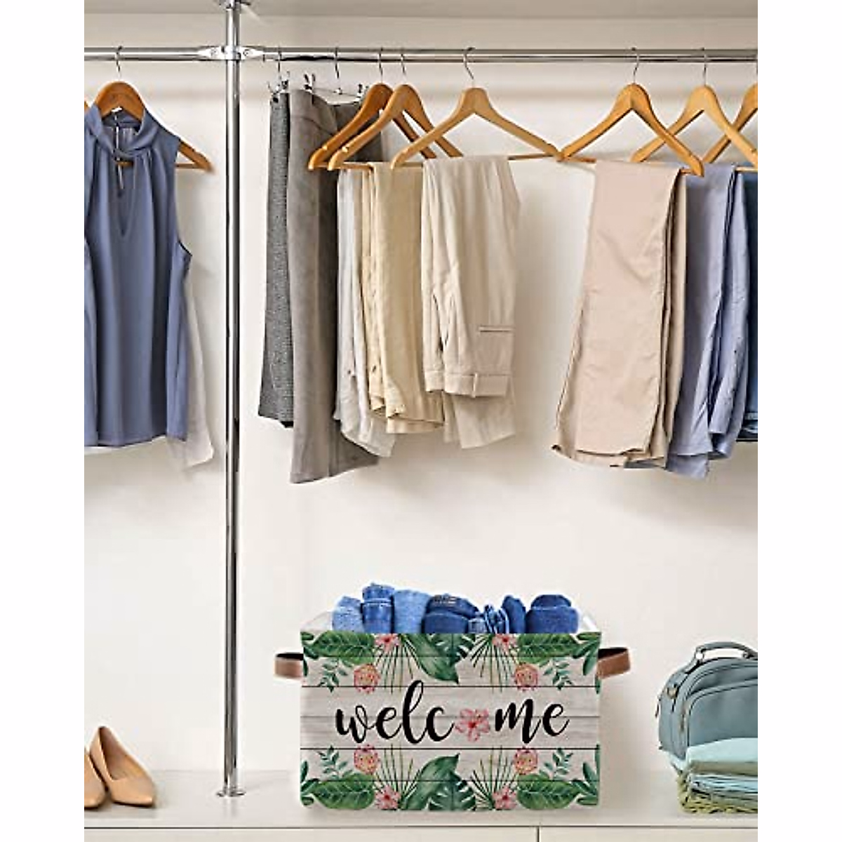 Storage Basket Tropical Plants Flower Large Foldable Storage Bins with Handles Flamingo Palm Leaf Wood Grain Waterproof Fabric Laundry Baskets for Organizing Shelves Closet Toy Gifts Bedroom Home Decor