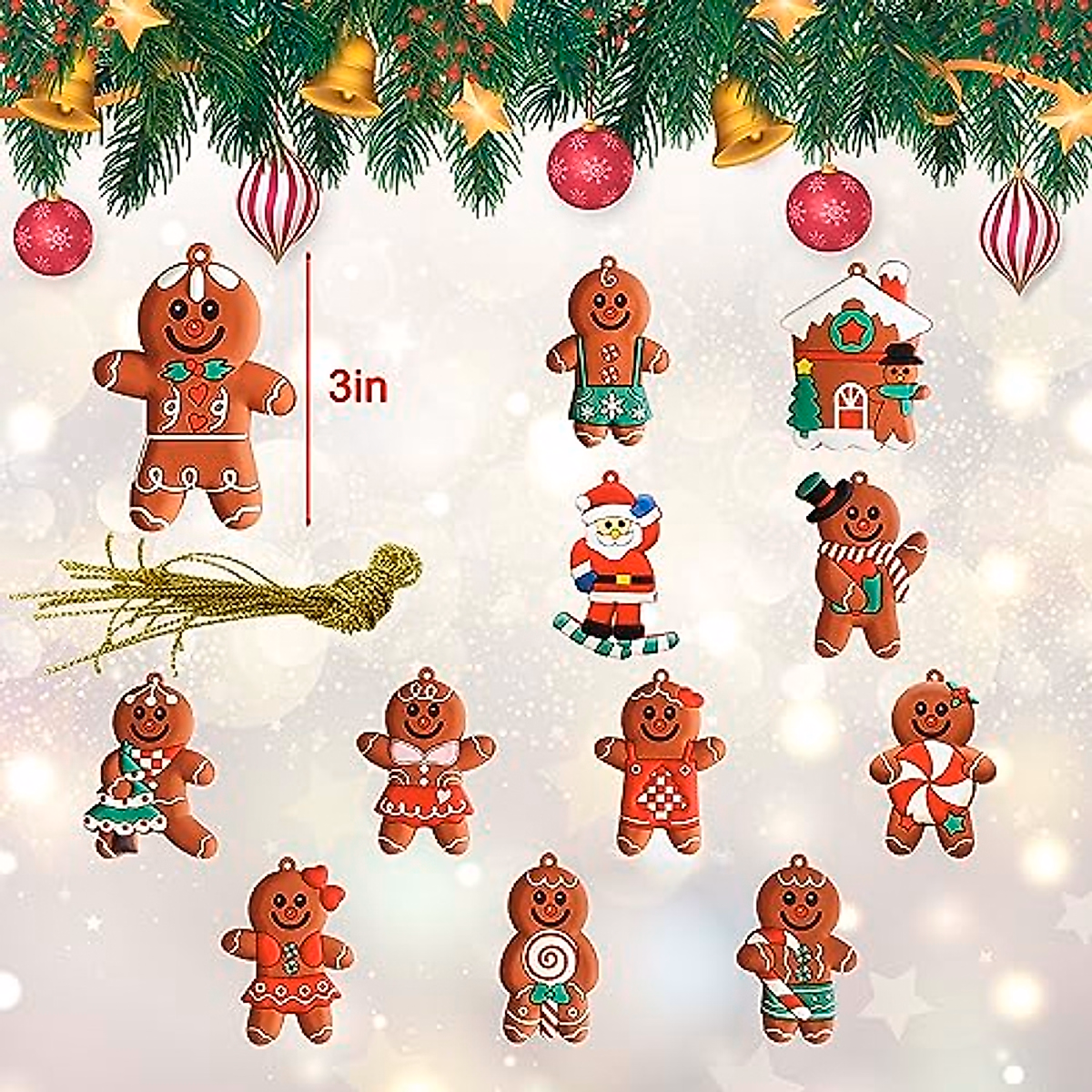 12pcs Christmas Ornaments Cute Santa Claus Xmas Tree Decorations Plastic Figurines Ornaments with Sugar Cookie House for Christmas Tree Hanging Party Ornaments DIY Decor 3 Inch Tall