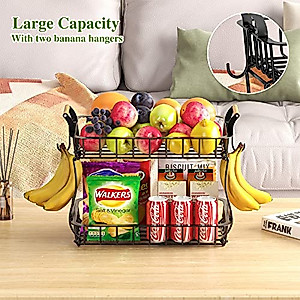 OKZEST 2 Tier Fruit Basket with 2 Banana Hangers, Vegetable Fruit Basket Bowl for Kitchen Countertop, Metal Fruit Storage Stand Holder Organizer for Bread Snack Potato Onion Produce