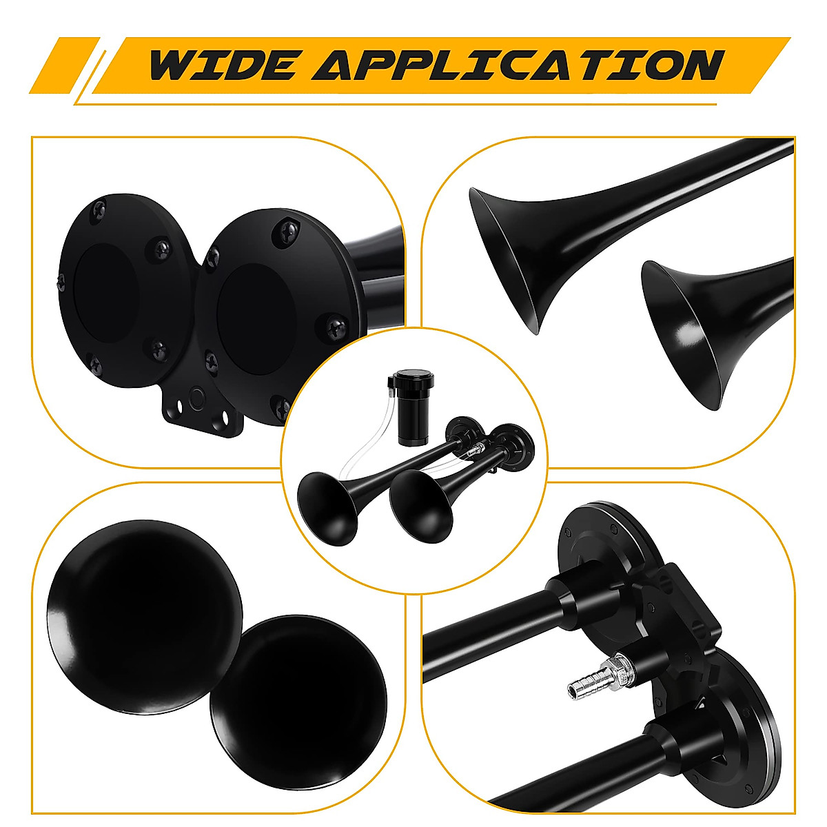 12V Air Horn Kit, Super Loud Train Horn for Truck, Air Horn Dual Truck Horn with Compressor for 12V Vehicles Trucks Pickup Trains Cars Boats (Dual black)