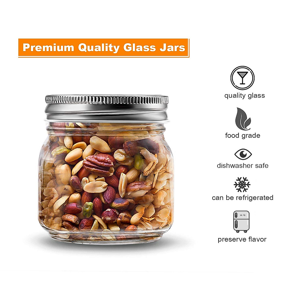 Rainforce Small Glass Mason Jars 8 oz 30 Pack With Silver Lids -1/4 Quart Canning/ Storage Pickling Jars For Jelly, Jam, Honey, Pickles and Spice With Free 30 Chalkboard Labels