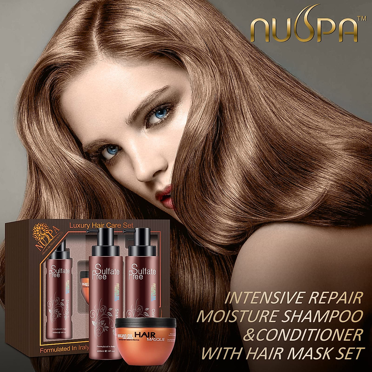 Nuspa Moroccan Argan Oil Hair Care Set - Sulfate Free for Damaged, Dry, Frizzy, Color Safe, Keratin Treated Hair with Long Lasting Shine