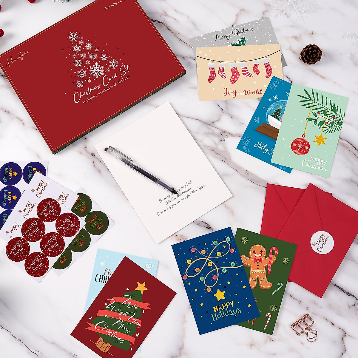 Hunanyume 24 Sets Christmas Cards With Red Envelopes, Stickers & Greetings Inside, 4×6 in Boxed Assorted New Years Cards Holiday Cards for Loved ones, Friends and Family