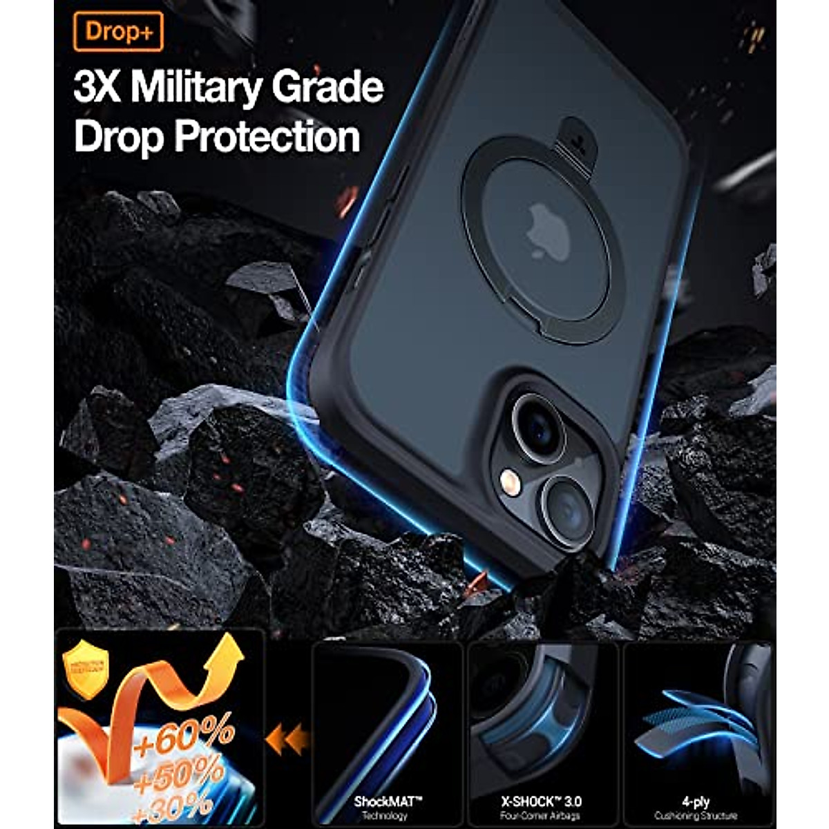 TORRAS Magnetic Shockproof for iPhone 13 Case/iPhone 14 Case, [Exceed 3X Mil-Grade Drop Protection][Compatible with MagSafe] Built-in Foldable Stand Slim Yet Protective Phone Cover, Translucent Black