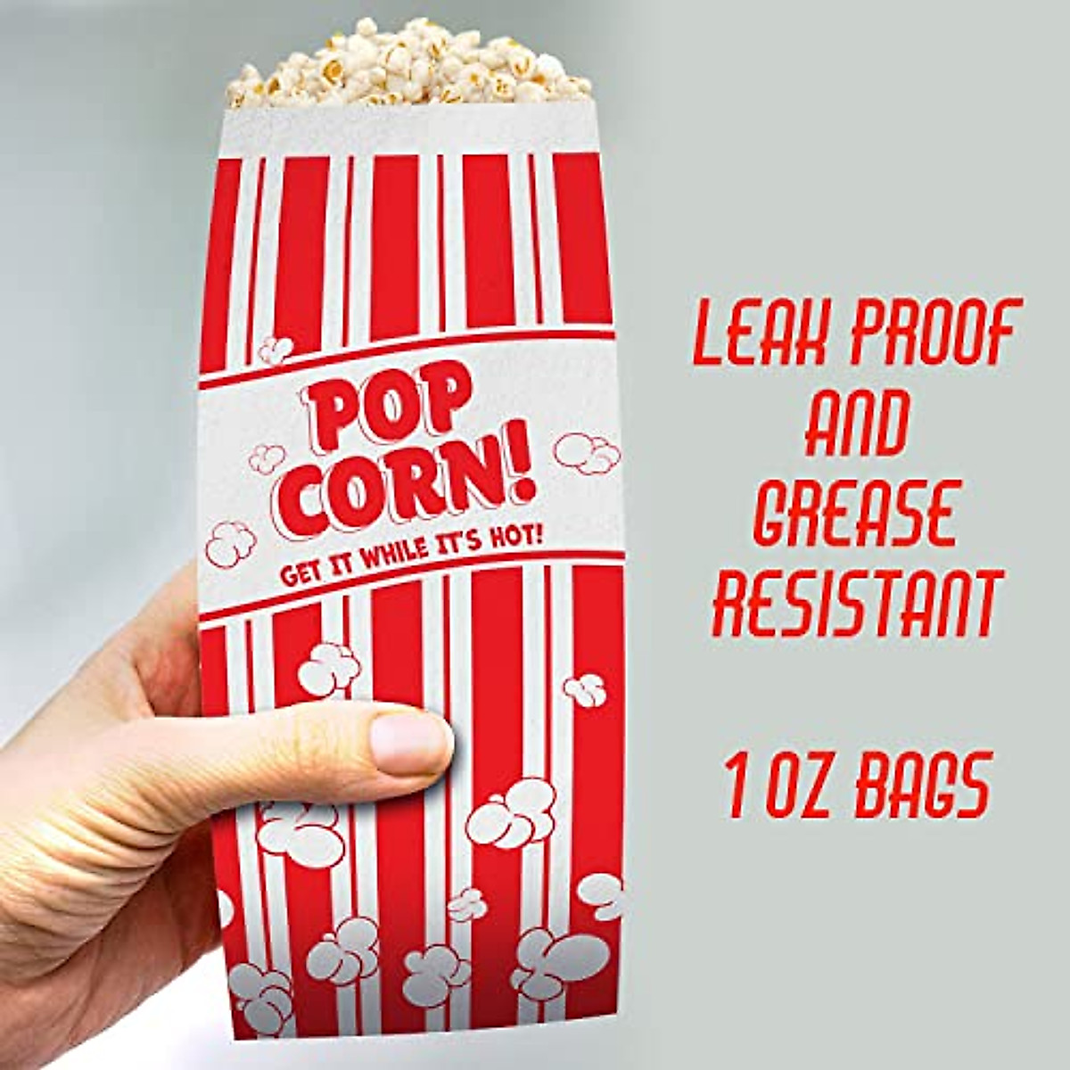 Popcorn Bags Coated for Leak/Tear Resistance. Single Serving 1oz Paper Sleeves in Nostalgic Red/White Design. Great Movie Theme Party Supplies or for Old Fashioned Carnivals & Fundraisers! (500)