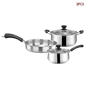 TKUS 3pcsset Stainless Steel Cookware Set Flat Bottom Frying Pan Soup Pot Milk Pot Kit Induction Cooker Cooking Pan for Home Kitchen (2)