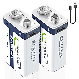 Deleepow Rechargeable 9V Batteries 650mAh USB 9V Lithium Battery 2 Pack with USB-C Cable