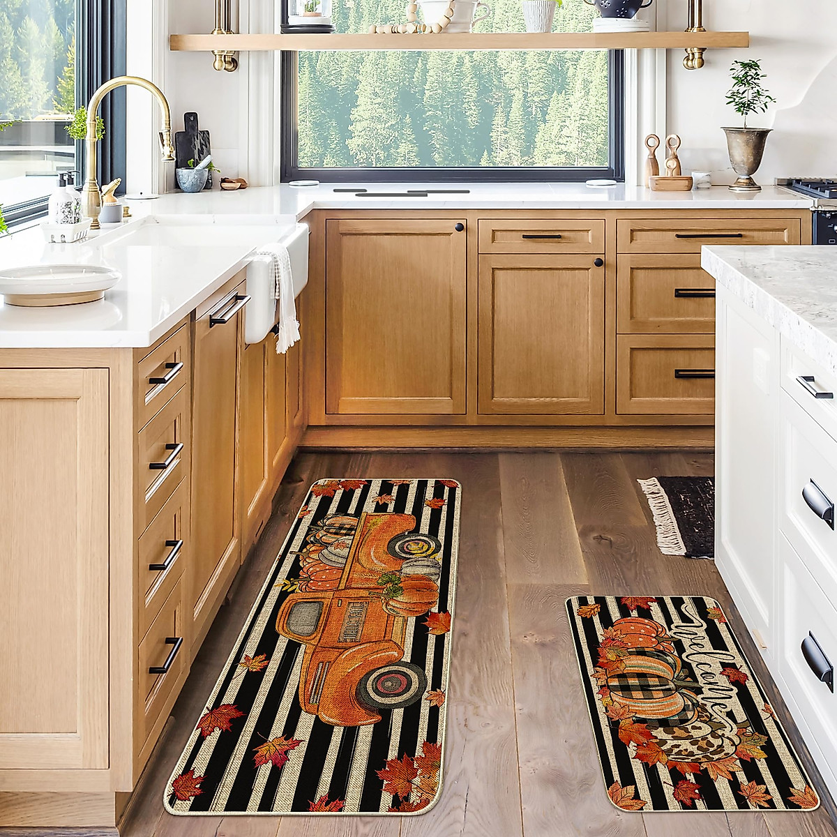 Thanksgiving Fall Kitchen Mats 2 Piece, Kitchen Rugs and Mats, Pumpkins Truck Stripe Welcome Mats for Floor, Bathroom, Decorative Non Skid Washable, Fall Home Kitchen Thanksgiving Decorations