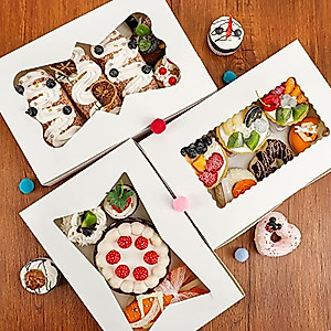 Moretoes 48pcs White Bakery Boxes 12x8x2.5 Inches with 3 Style Window for Pastry, Dessert, Cookies, Muffins, Donuts, Chocolate Covered Strawberries with 4pcs Stickers