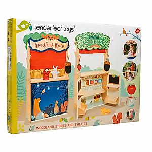 Tender Leaf Toys Woodland Store and Puppet Theater – 2 Sided Reversible Grocery Stand and Hand Puppeteer Stage - Social, Creative, and Imaginative Development – Expressive Role Play – Ages 3 Years +
