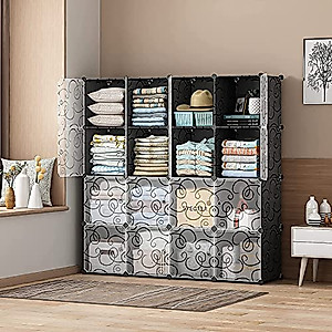 16 Cubby Clothes Storage Shelves, Cube Plastic Closet Organizer with Doors, 12" × 12" Modular , Portable Closet Wardrobe for Bedroom, Home, Black (4 × 4 Cubes)