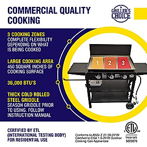 Griller's Choice Outdoor Griddle Grill Propane Gas Flat Top - Hood Included, 4 Shelves, Disposable Grease Cups, 36,000 BTU's, Large Cooking Area, Paper Towel Holder.