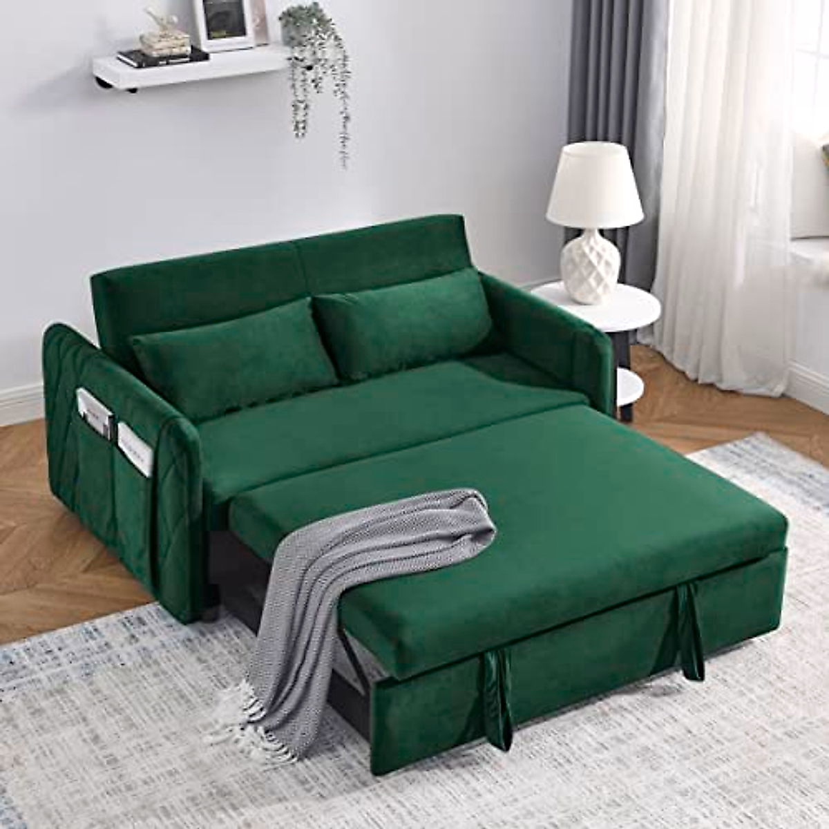 Eafurn 3 in 1 Multi-Functional Convertible Sleeper Sofa Bed, Modern Velvet Loveseat Couch & Sofa with Adjustable Backrest and 2 Pillows Detachable Arm Pockets for Apartment Living Room, 55", Green