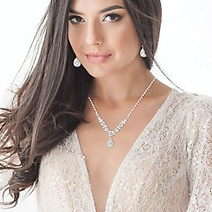 COCIDE Bride Jewelry Set Silver Crystal Wedding Necklace Earrings Bridal Rhinestone Teardrop Pendant Accessories for Women and Bridesmaids (3 piece set - 2 earrings and 1 necklace)