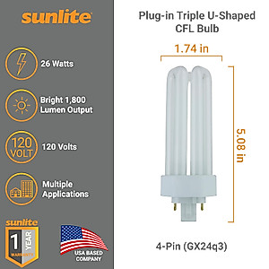 Sunlite PLT26/E/SP Compact Fluorescent Plug-in PLT 4-Pin Triple Tube, 26 Watts, 4-Pin GX24q3 Base, 1800 Lumens, 4100K Cool White, 10 Pack