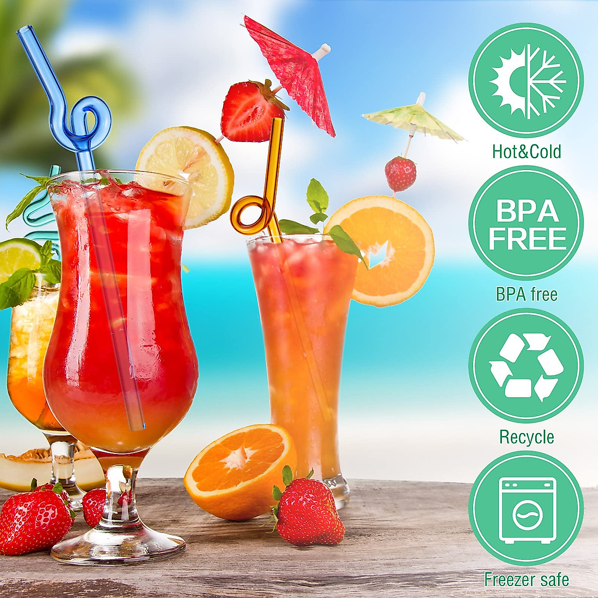 Yinkin 12 Pcs Wavy Glass Straw Curved Reusable Glass Straws Multicolor Clear Silly Straws Tea with 2 Cleaning Brushes for Kids, Drinking, Beverages, Coffee, Smoothies, Juice, Water