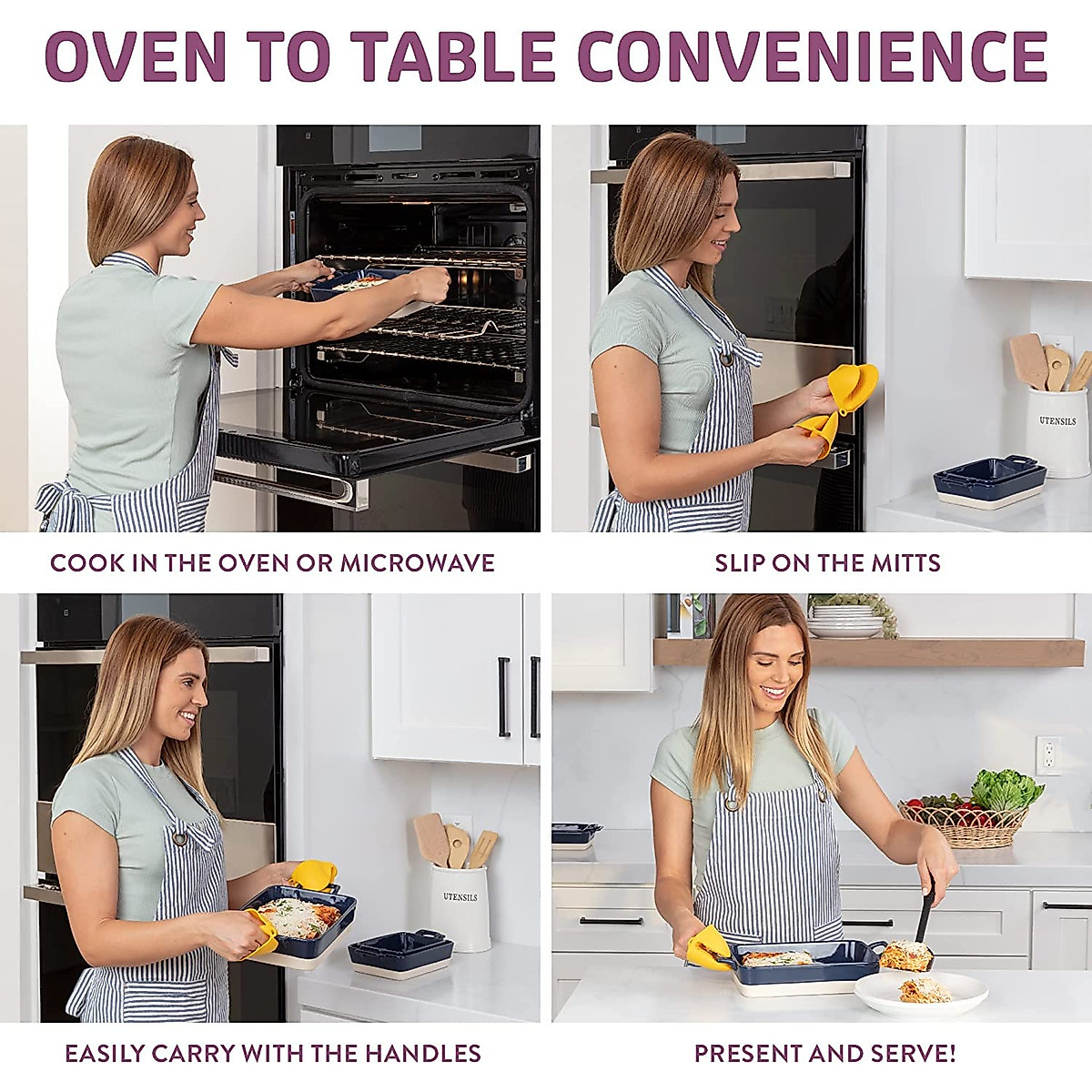 Casserole Dish Set - 3 Ceramic Baking Dishes for Oven with Silicone Oven Mitt - Rectangular Bakeware is Microwave, Freezer and Dishwasher Safe - Cooks Evenly and Saves Space with Nesting Design