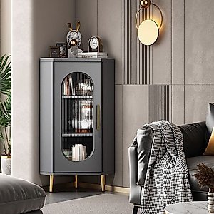 Ezalor Corner Storage Cabinet 4 Tier Corner Coffee Bar with Glass Door Alloy Handle Desktop slates Corner Storage Organizer Shelf(33.5in, Gray)