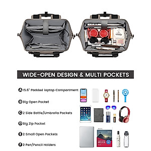 FALANKO Laptop Backpack for Women, Doctor Nurse Teacher Work Travel Backpack for 15.6 Inch Laptop with RFID Anti-theft USB Charging Port College Purse Business Computer Bookbag Grey Black