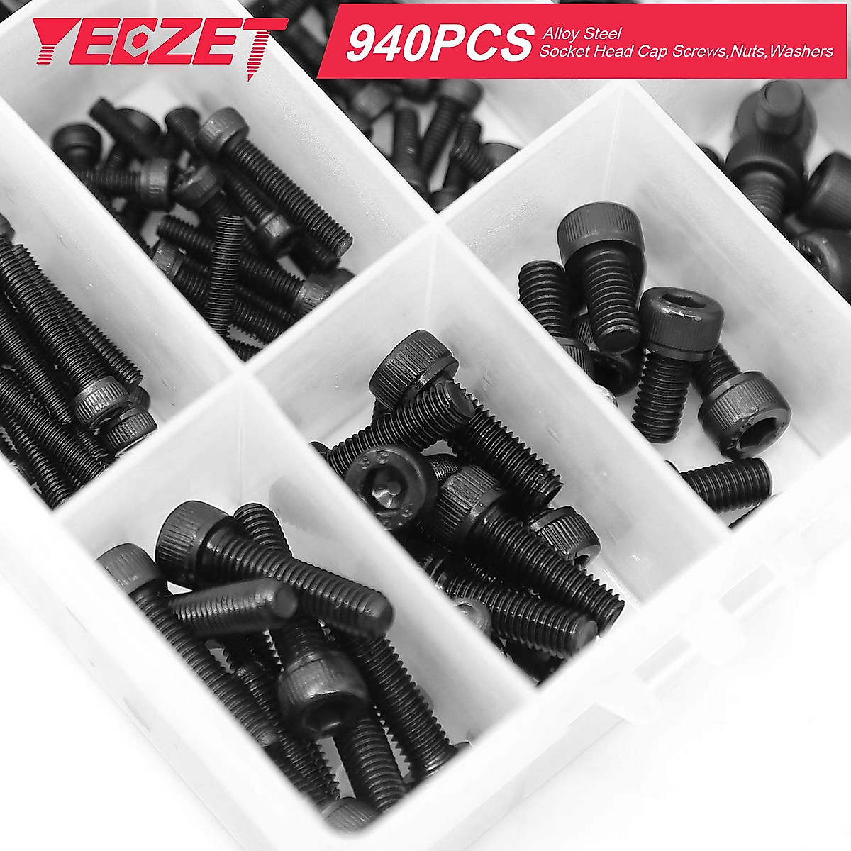 YEEZET M2 M3 M4 M5 12.9 Grade Alloy Steel Hex Socket Head Cap Screws Bolts Nuts Flat Washers Set Assortment Kit with Storage Box, Allen Socket Drive (940 PCS)