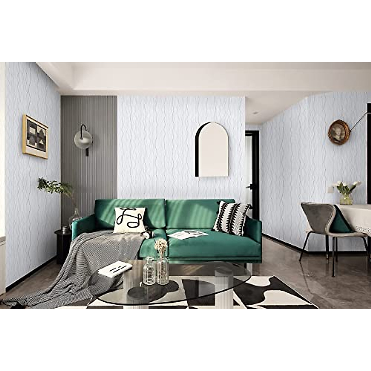 Dimoon 197’’x17.7’’Wallpaper White Peel and Stick Wallpaper Waterproof Removable White Contact Paper Self Adhesive White Wave Silver Stripe Vinyl Wall Paper Modern Shelf Drawer Liner Wall Covering