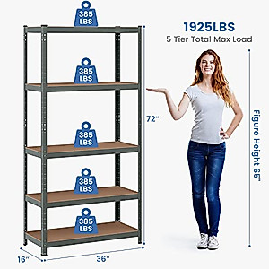 ERGOMASTER 5 Tiers Steel Shelves 72 Inches Height for Storage Heavy Duty Garage Organization Utility Shelf Rack for Books, Kitchenware, Tools Bolt-Free Assembly (Set of 4,Grey)