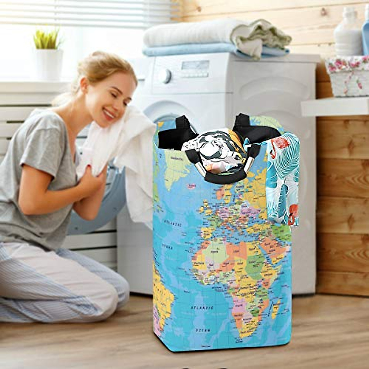 Baofu World Map Laundry Hamper Large Dirty Foldable Clothes Bags Waterproof Durable Lightweight Oxford Round Collapsible Storage Basket Organization with Handles for Home Bathroom Bedroom