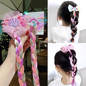 8 Pieces Colored Braids Hair Extensions with Rubber Bands Ponytails Hair Bows Rainbow Color Synthetic Hairpieces Glitter Braided Hair Extensions for Women Kids Girls Party Highlights Cosplay Dress Up