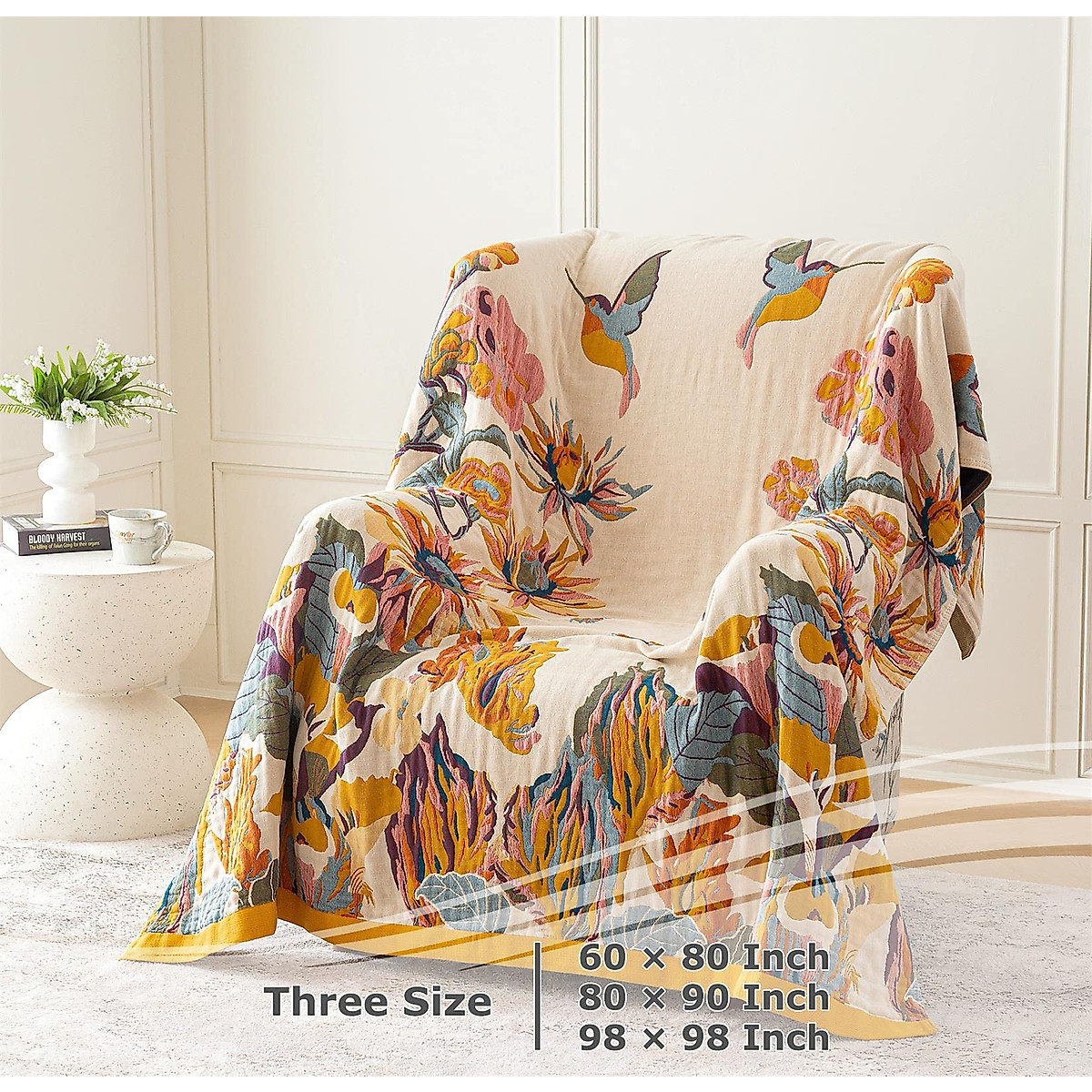 Boho Throw Blanket for Bed - 100% Cotton Ultra Soft Rustic Quilt - Floral Printed Farmhouse Decor Spring Bed Blankets,98"×98" All Season Rustic Throw for Sofa Couch Chair