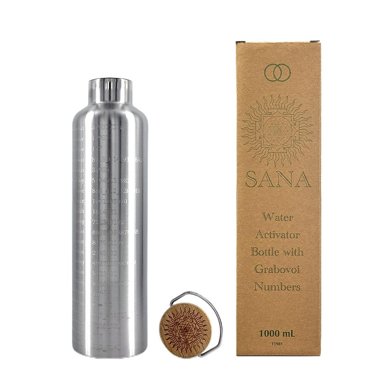 SANA Grabavoi Water Bottle, Water Activator Bottle with Grabovoi Numbers, Double Walled Bottle, Insulated Stainless Steel, 1L (34 oz) 2.0 Version