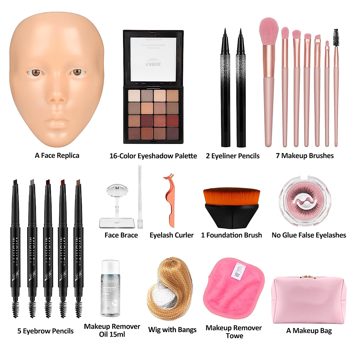 Glinexa 3D 5D Makeup Practice Kit, Reusable Silicone Makeup Mannequin Face for Students and Beginners, Comes With Brushes Set & Dual Head Eyebrow Pencils & Eyeliners & Eyelash Pair