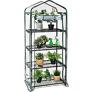 Renatone 4 Tier Mini Greenhouse, Portable Gardening Tent with Weatherproof PE Cover, Zippered Roll-up Door, Steel Frame, Outdoor Garden Greenhouse for Backyard Balcony Patio (Clear)