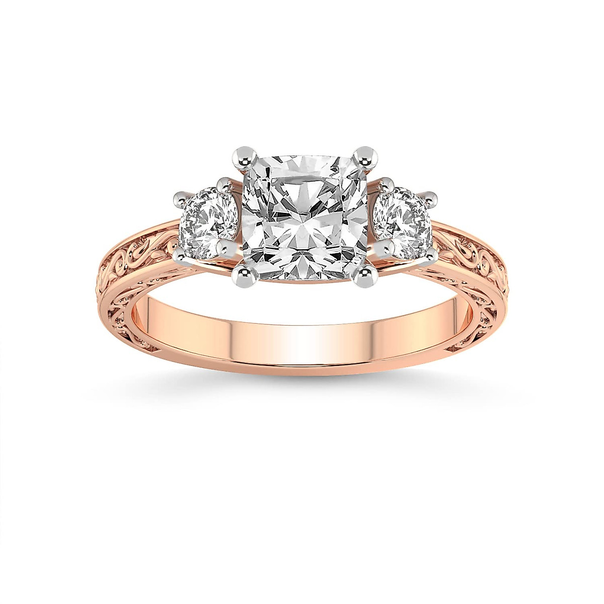 3 ct IGI Certified Cushion Shape Lab Grown Diamond Ring | 14K Or 18K White, Yellow Or Rose Gold | Valencia Three Stone Vintage Ring | FG-VS1-VS2 Quality Friendly Diamonds