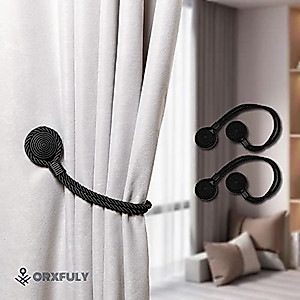 Magnetic Curtain Tiebacks - Modern Unique Upgraded Design 2023 Elegant Twisted Polyester Rope with Strong Magnets Decorative Holdbacks for Window Drapes & Curtains ORXFULY (Black, 2) (ck-041)