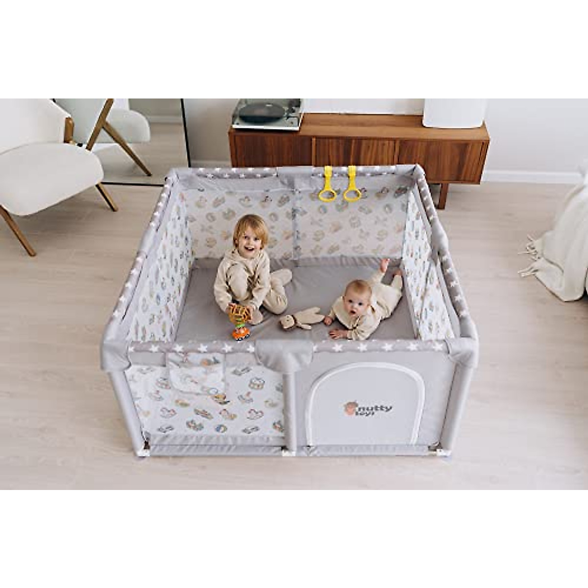 Nutty Toys Baby & Toddler Playpen - Safe & Sturdy Design | Extra Cushioning, Pull Rings, Large Pocket & Carry Bag | Fast Assembly 50x50 Big Play Pens for Babies and Toddlers, Large Area Kids Play Yard