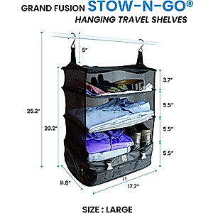 Grand Fusion Housewares Stow-N-Go Luggage and Travel Organizer, Travel Essentials, Hanging Packing Cubes With Hanging Shelves And Laundry Storage Compartment, Black