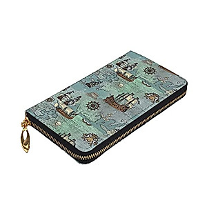 Leather Wallets for Women Man RFID Pirate Ships Map Wallet Blocking Zip Wallet Credit Card Holder