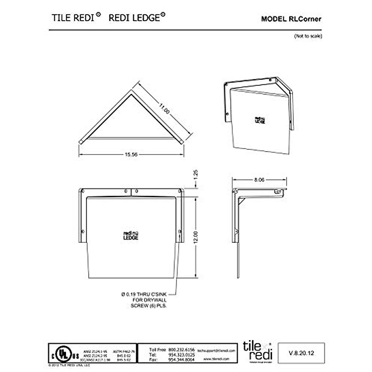 Tile Redi USA RLCorner Redi Shower Ledge, 15.56" W x 8.06" D x 12" H, Black