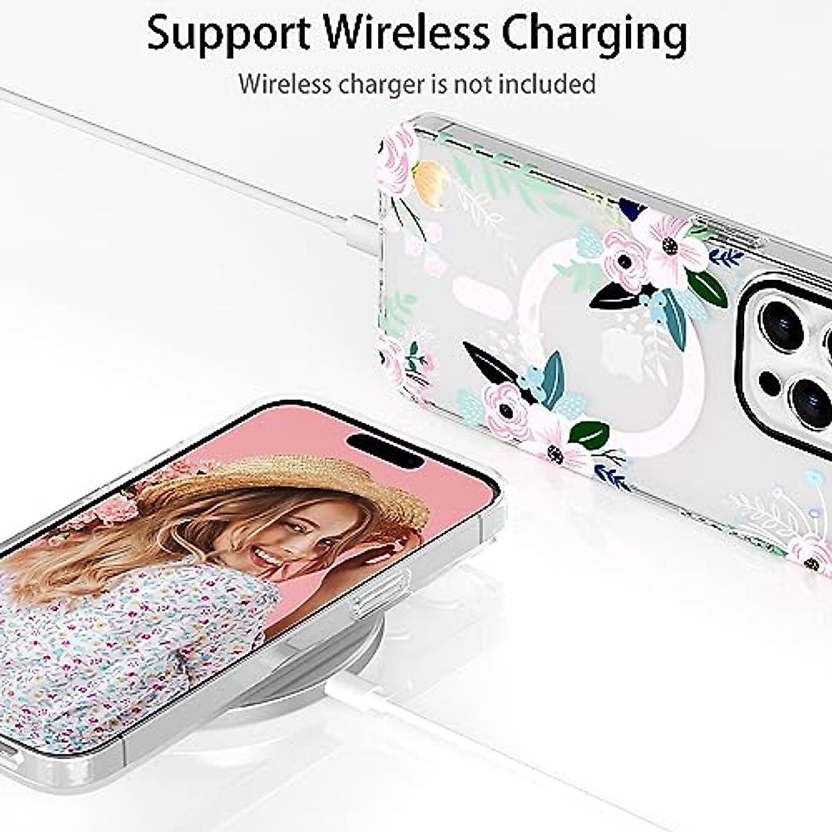 YeLoveHaw Designed for iPhone 14 Pro Max Magnetic Case for Women Girls, Rose Floral & Green Leaves Pattern [Compatible with MagSafe] Slim Hard Protective Clear Cover for iPhone 14ProMax (Pink Flower)