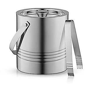 JoyJolt Metal Double Wall Ice Bucket with Lid, Ice Tongs and Strainer. 3L Insulated Ice Bucket for Cocktail Bar, Wine, Home Bar Accessories, Parties, Champagne Bucket. Stainless Steel Ice Buckets