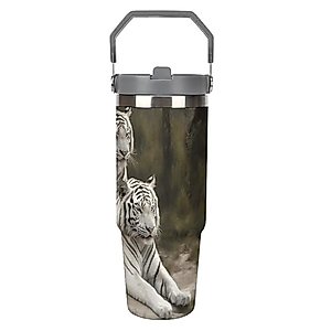 WITHSBKK 30oz Car Cup White Tigers Printed with Portable, Stainless Steel Travel Mug, Vacuum Insulated Tumbler And Straw, Leakproof for Car & Outdoor, UV Printed Design